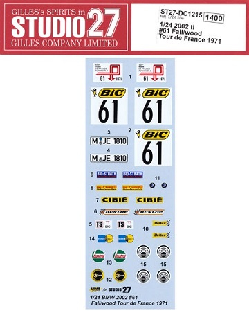 Studio 27 DC1215 BMW 2002 TII - Fall / Wood Auto Tour De France 1971 Decals Set (for Hasegawa Kits)