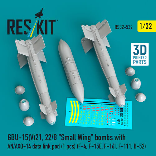 RES/KIT 32-0539 GBU-15(V)21, 22/B 'Small Wing' Bombs (2pcs) With AN/AXQ-14 Data Link Pod (1pc) (F-4, F-15E, F-16I, F-111, B-52) (3D Printed)