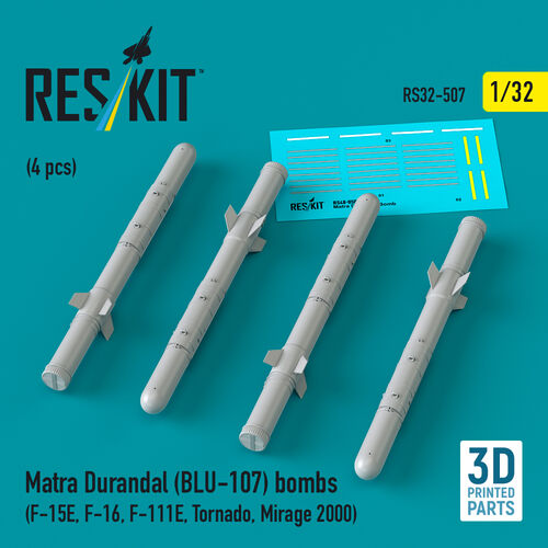 RES/KIT 32-0507 Matra Durandal (BLU-107) Bombs (4pcs) (F-15E, F-16, F-111E, Tornado, Mirage 2000) (3D Printed)