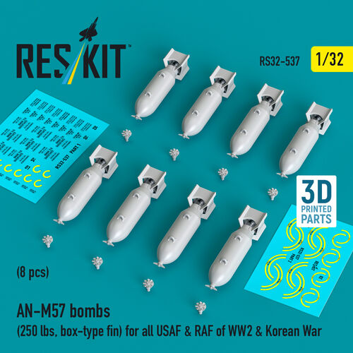 RES/KIT 32-0537 AN-M57 Bombs (250 lbs, Box-Type Fin) For All USAF & RAF Of WW2 & Korean War (8pcs) (3D Printed)