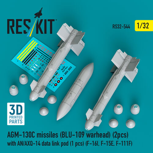 RES/KIT 32-0544 AGM-130C Missiles (BLU-109 Earhead) (2pcs) With AN/AXQ-14 Data Link Pod (1pc) (F-16I, F-15E, F-111F) (3D Printed)