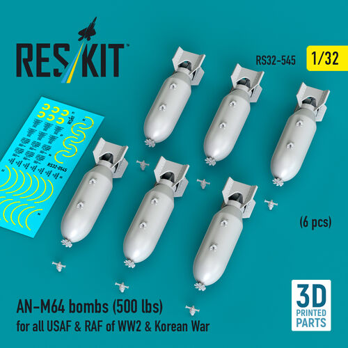 RES/KIT 32-0545 AN-M64 Bombs (500 lbs) For All USAF & RAF Of WW2 & Korean War (6pcs) (3D Printed)