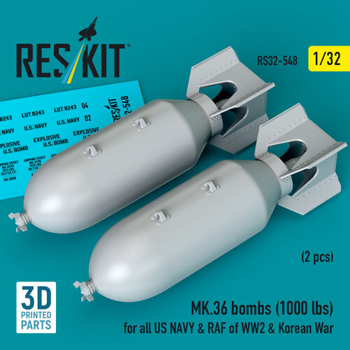 RES/KIT 32-0548 MK.36 Bombs (1000 lbs) For All US Navy & RAF Of WW2 & Korean War (2pcs) (3D Printed)