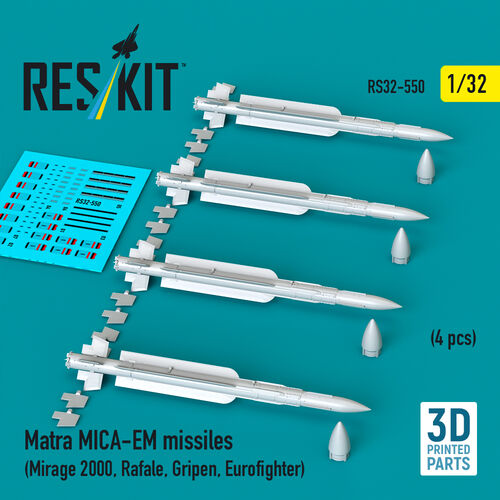 RES/KIT 32-0550 Matra MICA-EM Missiles (4pcs) (Mirage 2000, Rafale, Gripen, Eurofighter) (3D Printed)