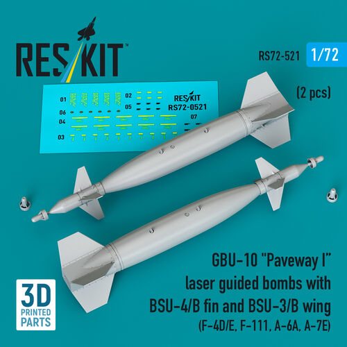 RES/KIT 72-0521 GBU-10 'Paveway I' Laser Guided Bombs With BSU-4/B Fin And BSU-3/B Wing (2pcs) (F-4D/E, F-111, A-6A, A-7E) (3D Printed)