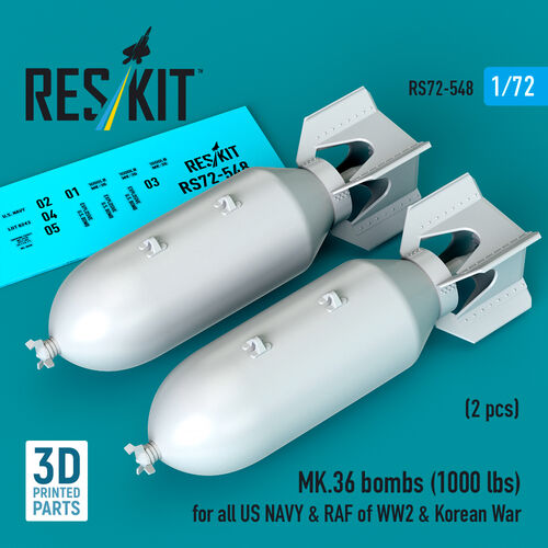 RES/KIT 72-0548 MK.36 Bombs (1000 lbs) For All US Navy & RAF Of WW2 & Korean War (2pcs) (3D Printed)