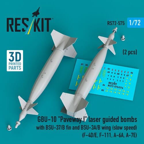 RES/KIT 72-0575 GBU-10 'Paveway I' Laser Guided Bombs With BSU-37/B Fin And BSU-3A/B Wing (Slow Speed) (2pcs) (F-4D/E, F-111, A-6A, A-7E) (3D Printed)