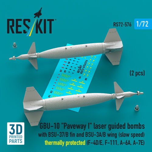 RES/KIT 72-0576 GBU-10 'Paveway I' Laser Guided Bombs With BSU-37/B Fin And BSU-3A/B Wing (Slow Speed) Thermally Protected (2pcs) (F-4D/E, F-111, A-6A, A-7E) (3D Printed)