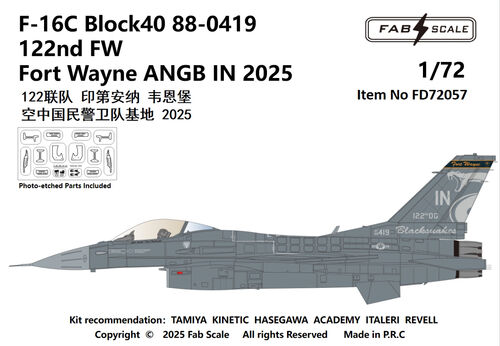 Fab Scale FD72057 Lockheed Martin F-16 C Block 40 - 122nd FW Fort Wayne ANGB IN (2025 / Photo-etched Parts Included)