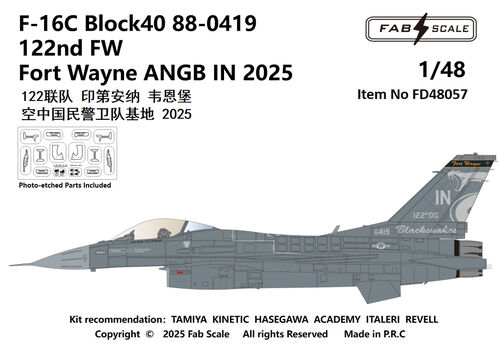 Fab Scale FD48057 Lockheed Martin F-16 C Block 40 - 122nd FW Fort Wayne ANGB IN (2025 / Photo-etched Parts Included)