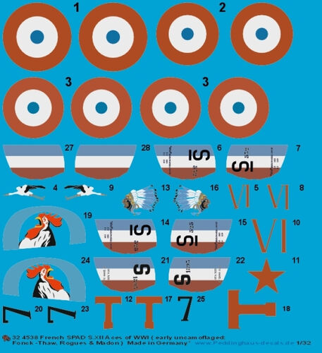 Peddinghaus-Decals 4538 French SPAD S.XII Aces of WWI (early uncamoflaged : Fonk -Thaw, Rogues & Camera-Madon )
