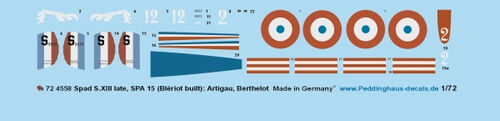 Peddinghaus-Decals 4558 Spad S.XIII late, SPA 15 (Blériot built): Artigau and Berthelot