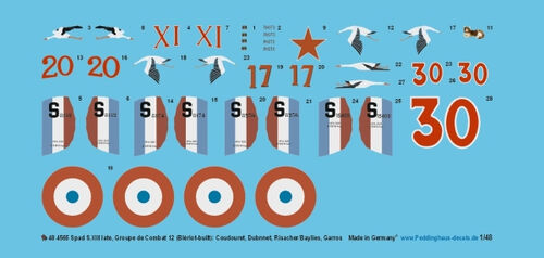 Peddinghaus-Decals 4565 Spad S.XIII late, Groupe de Combat 12 (Blériot-built): Coudouret, Dubnnet, Risacher/Baylies and Garros