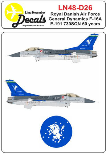 Lima November Decals 48-D26 General Dynamics F-16 A in Royal Danish Air Force Service with 730 SQN 60 Years Tail