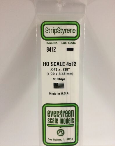 Evergreen 08412 "O" Scale Polystyrene Strip (35 cm) 1,10 x 3,43 mm (4 x 12) (1 pc)