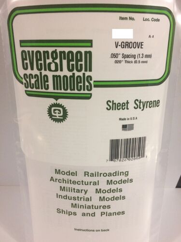 Evergreen 12050 0,5 mm Polystyrene Sheet (30 x 60 cm) "V" Groove Siding 1,25 mm (1 pce)