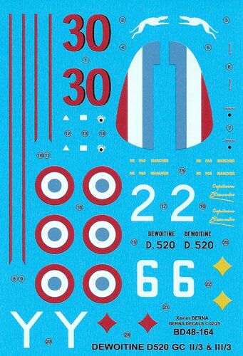 Berna Decals 48164 Dewoitine D 520 GC II/3 & III/3: Capt. Bissoudre n °220 code 2 - 06/1940, Sgt/C Killy n° 208 code 30 - 05/1940, Capt. Naudy n° 218 code Y - 05/1940, Adj./C Leblanc n° 207 code 6...