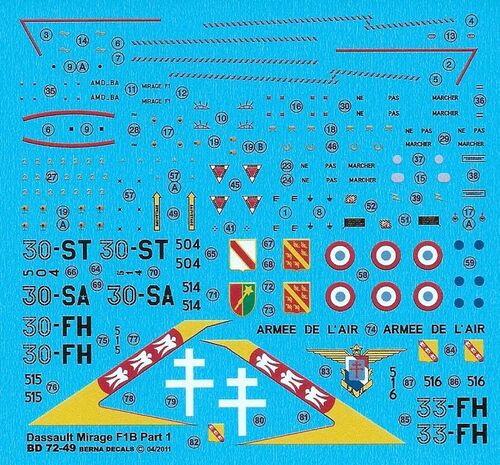 Berna Decals 72049M Dassault Mirage F1 B Part 1: 30-ST & 30-SA Colmar 2008, 30-FH Reims 1991, 33-FH Reims 2002 (4 schemes).