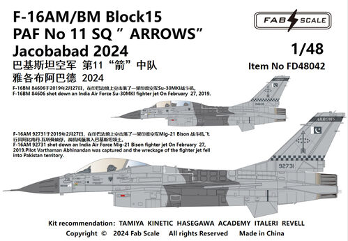 Fab Scale FD48042 General Dynamics F-16 AM/BM Block 15 - PAF No 11 SQ 'ARROWS' Jacobabad (2024) Mig/Sukhoi Killer