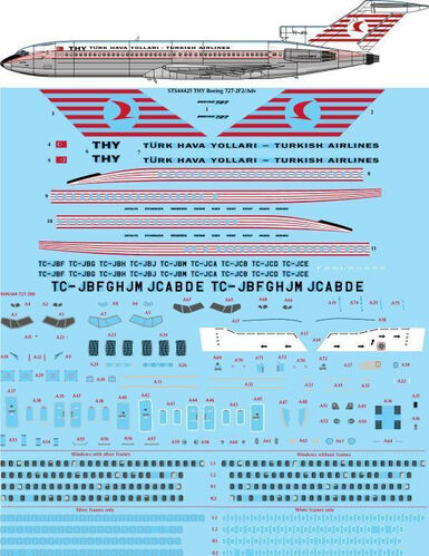 26 Decals STS44424 Boeing 727-2F2/Adv - THY Turkish Airlines (Screen Printed Decal / for CRM kits)