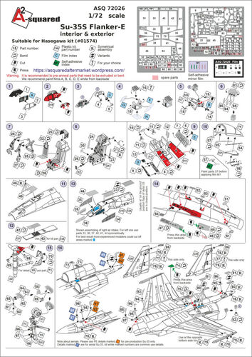 A-Squared ASQ72026 Sukhoi Su-35 - Interior & Exterior Photo-Etched Detailing Set (for Hasegawa kits)