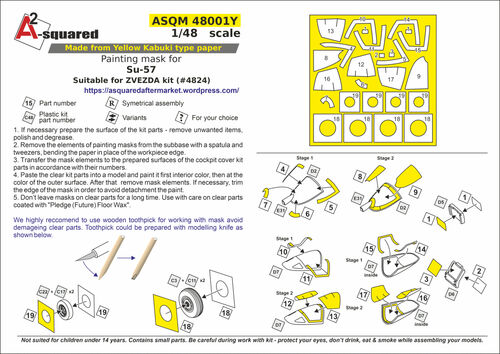 A-Squared ASQM48001Y Sukhoi Su-57 - Die-Cut Painting Mask for Canopy Frame and Wheel Hub (for Zvezda 4824 Kit)