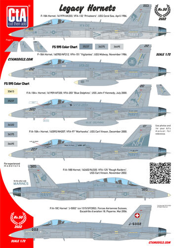 CtA Cut then Add 050 "Legacy Hornets" - F-18 A / A+ / B / C and D - 5 Markings USN/USMC & 2 Markings Swiss AF