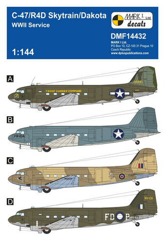 Mark I Decals DMF14432 Douglas C-47 / R4D Skytrain/Dakota in WWII Service Decals (for Roden and Academy/Minicraft kits)