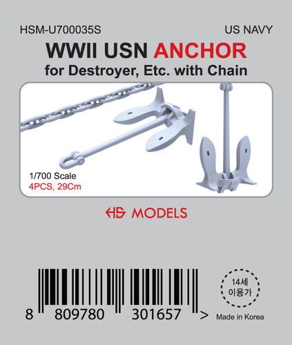 HS MODELS U700035S US Navy WWII Anchor for Destroyer, etc. with Chain