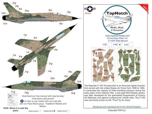 TopNotch 48-M239 Republic F-105 G Thunderchief Wild Weasel - Camouflage Pattern Paint Mask (for Hobby Boss, Monogram and Revell kits)