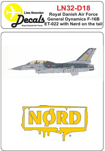 Lima November Decals 32-D18 General Dynamics F-16 B with Nord (nerd) on tail in Royal Danish Air Force Service (RDAF)