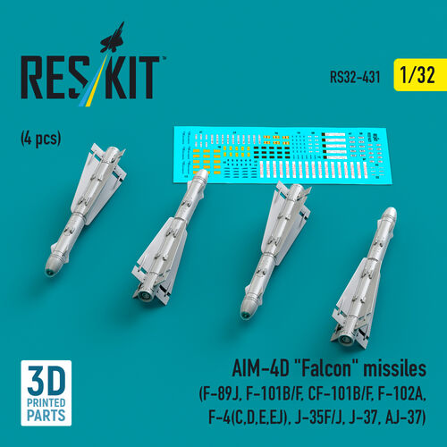 RES/KIT 32-0431 AIM-4D 'Falcon' Missiles (4pcs) (F-89J, F-101B/F, CF-101B/F, F-102A, F-4(C, D, E, EJ), J-35F/J, J-37, AJ-37) (3D Printed)