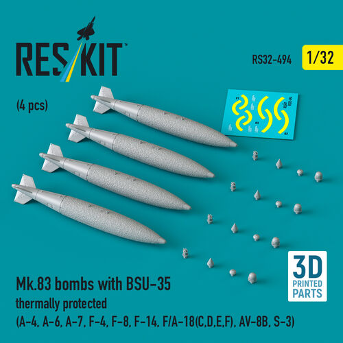 RES/KIT 32-0494 Mk.83 Bombs With BSU-35 Thermally Protected (4pcs) (A-4, A-6, A-7, F-4, F-8, F-14, F/A-18(C, D, E, F), AV-8B, S-3) (3D Printed)
