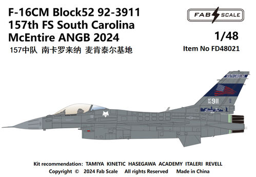 Fab Scale FD48021 Lockheed Martin F-16 CM Block 52 - 157th FS South Carolina McEntire ANGB 2024