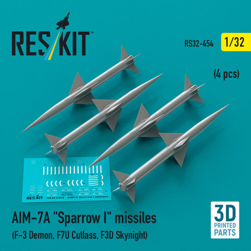 RES/KIT 32-0454 AIM-7A 'Sparrow I' Missiles (4 pcs) (F-3 Demon, F7U Cutlass, F3D Skynight) (3D Printed)