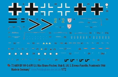 Peddinghaus-Decals 4489 Bf 109 G-6/R1 Lt. Max Bruno Fischer, Stab II. /JG 3, Evreux-Fauville, France 1944