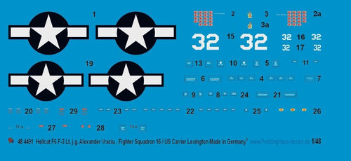 Peddinghaus-Decals 4491 Hellcat F6F-3 Lt. j.g. Alexander Vraciu, Fighter Squadron 16 / US Carrier Lexington