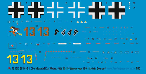 Peddinghaus-Decals 4512 BF 109 E-1 Oberfeldwebel Kurt Ubben, 6.(J)/ JG 186 Wangerooge 1940
