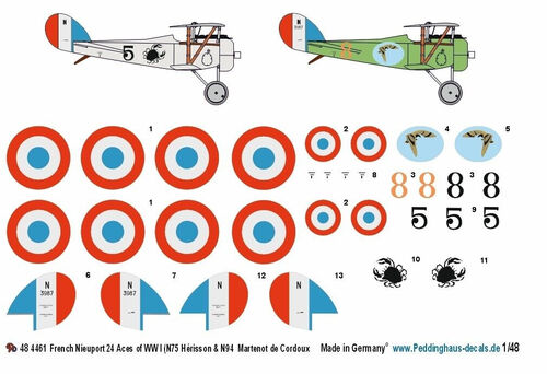 Peddinghaus-Decals 4461 French Nieuport 24 Aces Of WWI (N75 Hérisson & N94 Martenot De Cordoux)