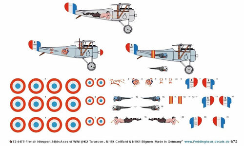Peddinghaus-Decals 4475 French Nieuport 24bis Aces Of WWI (N62 Tarson, N 154 Coiffard & N 561 Bignon)