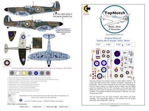 TopNotch 32-I020 Supermarine Spitfire Mk.IA - ZP-A "Saior Malan" - Insignia Mask Set