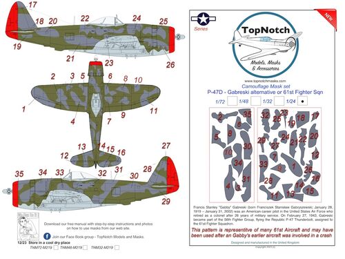 TopNotch 24-M219 Republic P-47 D "Gabreski" Alternative of 61st FS - Camouflage Paint Masks