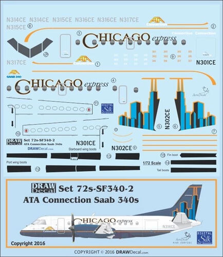 Draw Decal 72-SF340-02 Saab 340 - ATA Chicago Express