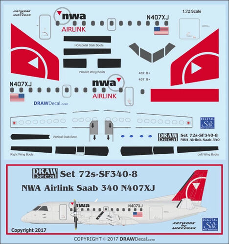 Draw Decal 72-SF340-08 Saab 340 - NW Airlink Final Scheme (N407XJ)
