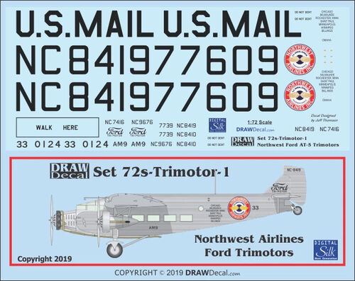 Draw Decal 72-TRIMOTOR-01 AT-5 Ford Trimotors - Northwest Airlines (for Airfix kits)