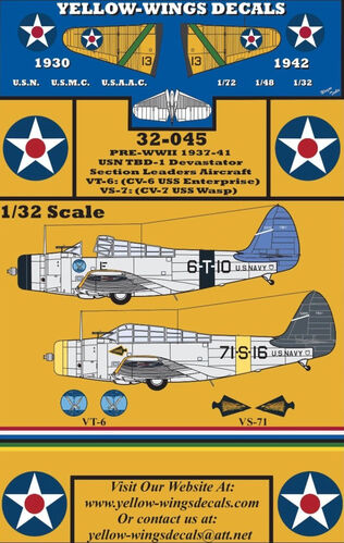 Yellow Wings 32045 US Navy Pre-WWII Douglas TBD-1 Devastator - VT-6 USS Enterprise and VS-71 USS Wasp