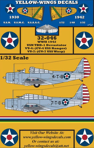 Yellow Wings 32046 Early WWII US Navy Douglas TBD-1 Devastator - VT-4 USS Ranger and VT-7 USS Wasp