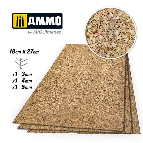 AMMO of Mig Jimenez 8846 Create Cork - Thick Grain Mix (3 mm, 4 mm and 5 mm / 180 x 270 mm) - 1 pc. Each Size