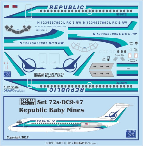 Draw Decal 72-DC9-47 Douglas DC-9-14/15 - Republic Airlines