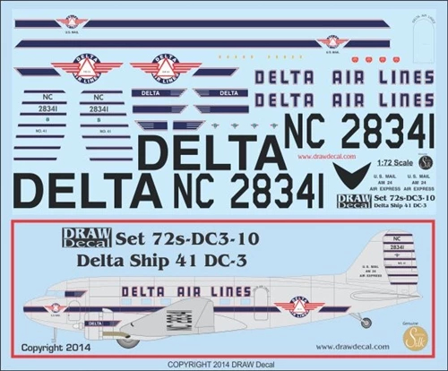 Draw Decal 72-DC3-10 Douglas DC-3 - Delta Air Lines "Ship 41"
